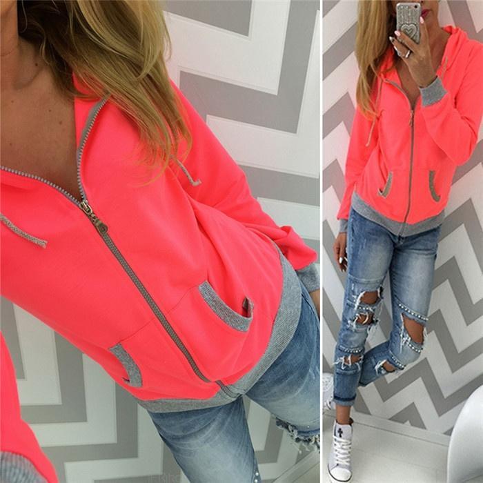Trendy Pocket Zipper Coat Women Long Sleeve Hooded Two Side Outwear ...