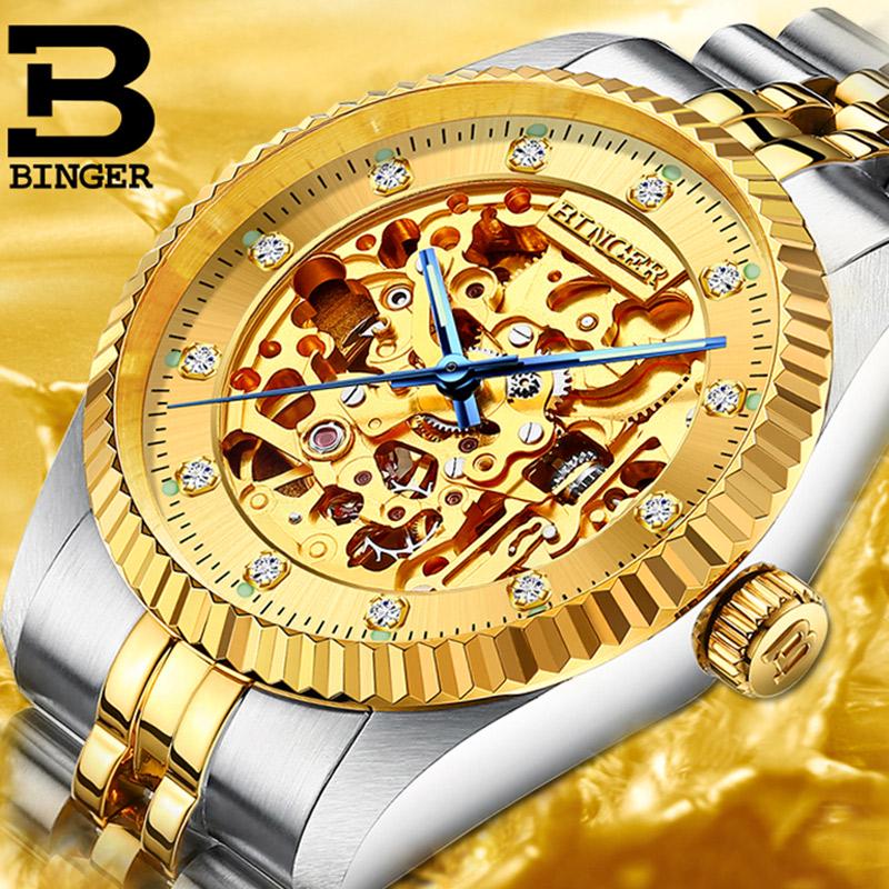 Buy BINGER Men Luxury Skeleton Automatic Mechanical Watches Gold ...