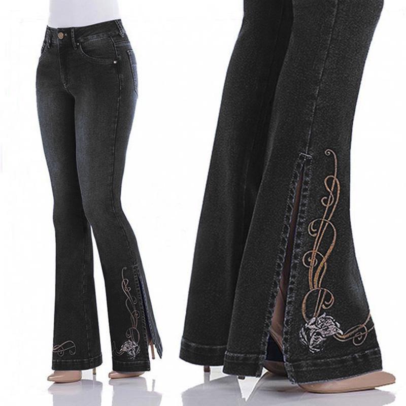 Buy Women Summer Fashion Jeans Sexy Casual Embroidery Split Ends Pants ...