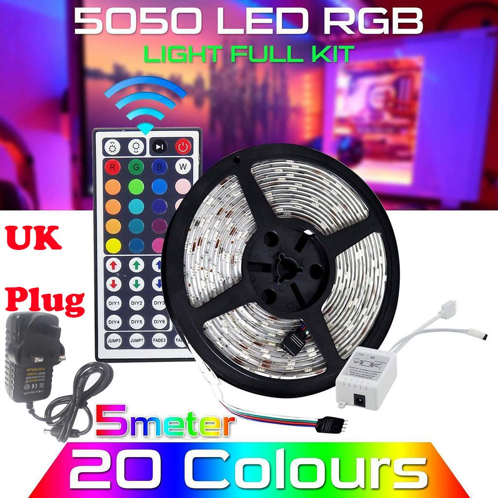5M RGB 5050 Waterproof LED Strip light SMD 44 Key Remote 12V UK Power ...