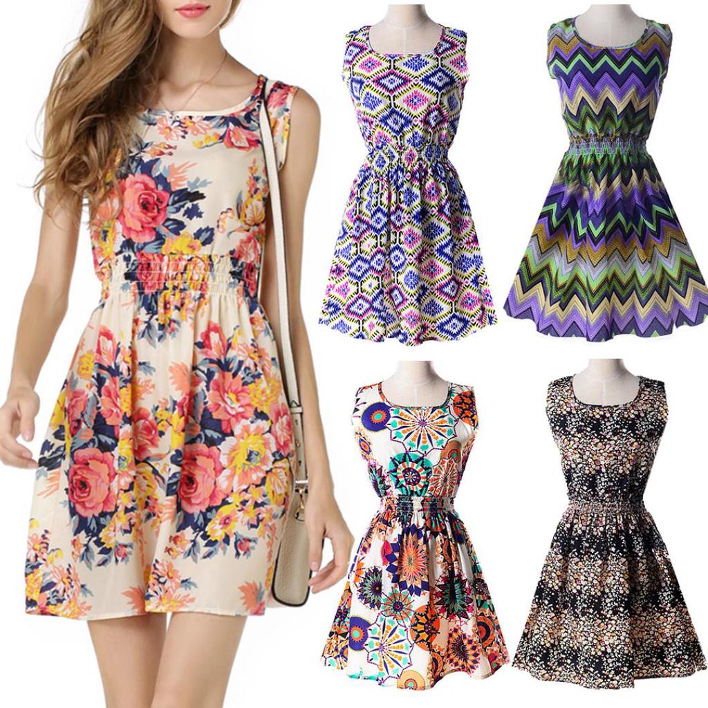 Flower Plaid Geometric Print Women Elastic Waist Summer Beach Chiffon ...