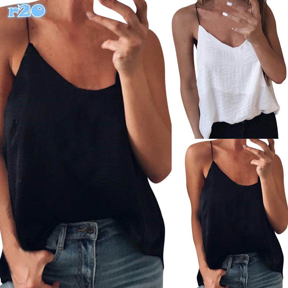 Buy Women Lady V-Neck Solid Sleeveless Spaghetti Strap T-Shirt Tops ...