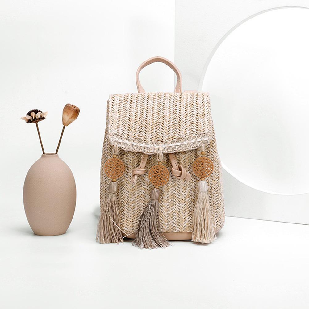 Buy Women Straw Shoulder Backpack with Tassel Boho Summer Beach Leather ...