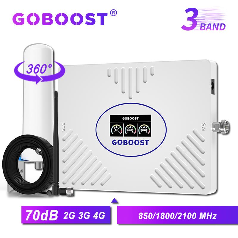 GOBOOST 70dB High Gain Tri Band Signal Booster 2G+3G+4G Cellular Amplifier 850 900 1800 2100MHz ...