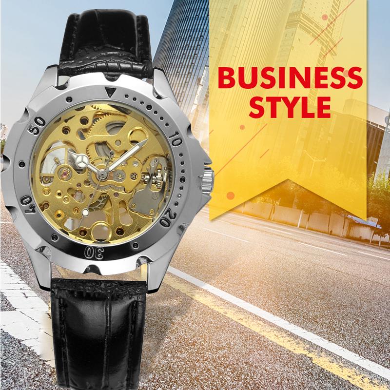 Buy New FORSINING Men'S Fashion Leather Openwork Black Watch Business ...