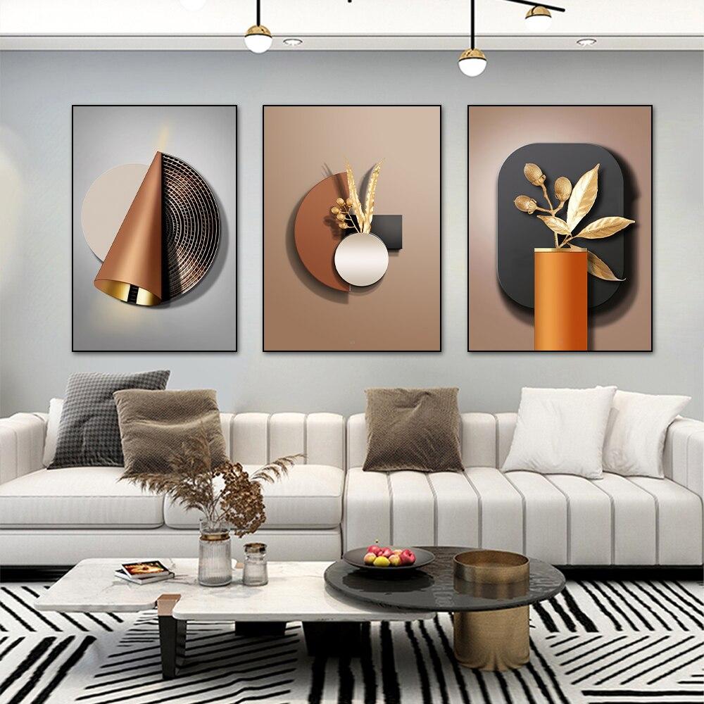 Buy Nordic Black Gold Leaf Canvas Poster Abstract Geometry 3D Visual ...