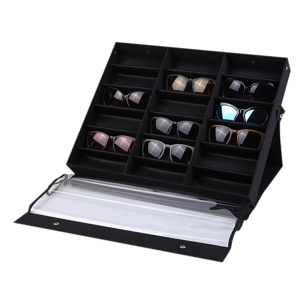 Cheap Leather Eyeglass Organizer Box 18 Grids Glasses Tray Sunglasses ...