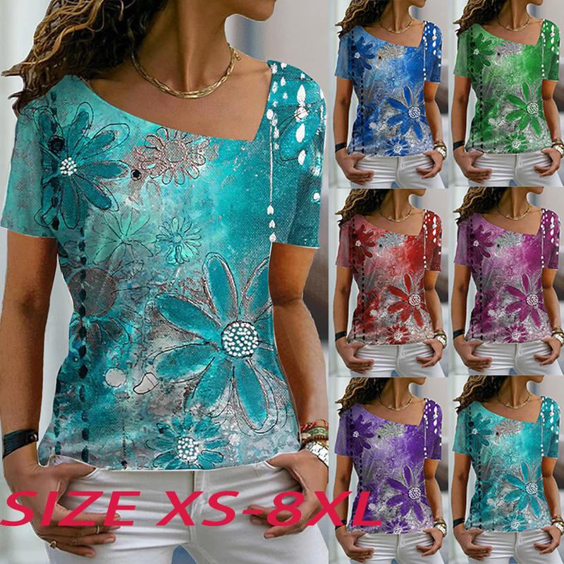 Cheap Ladies 3D Print Traces of Flowers Irregular Collar Short Sleeve ...