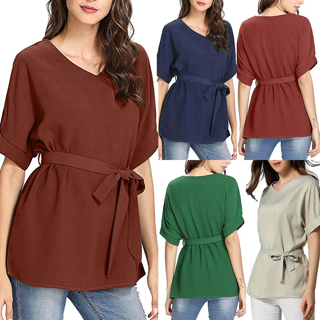 Buy SHO Women Fashion Lace-up Waist Puff Sleeve Solid Color V-neck ...
