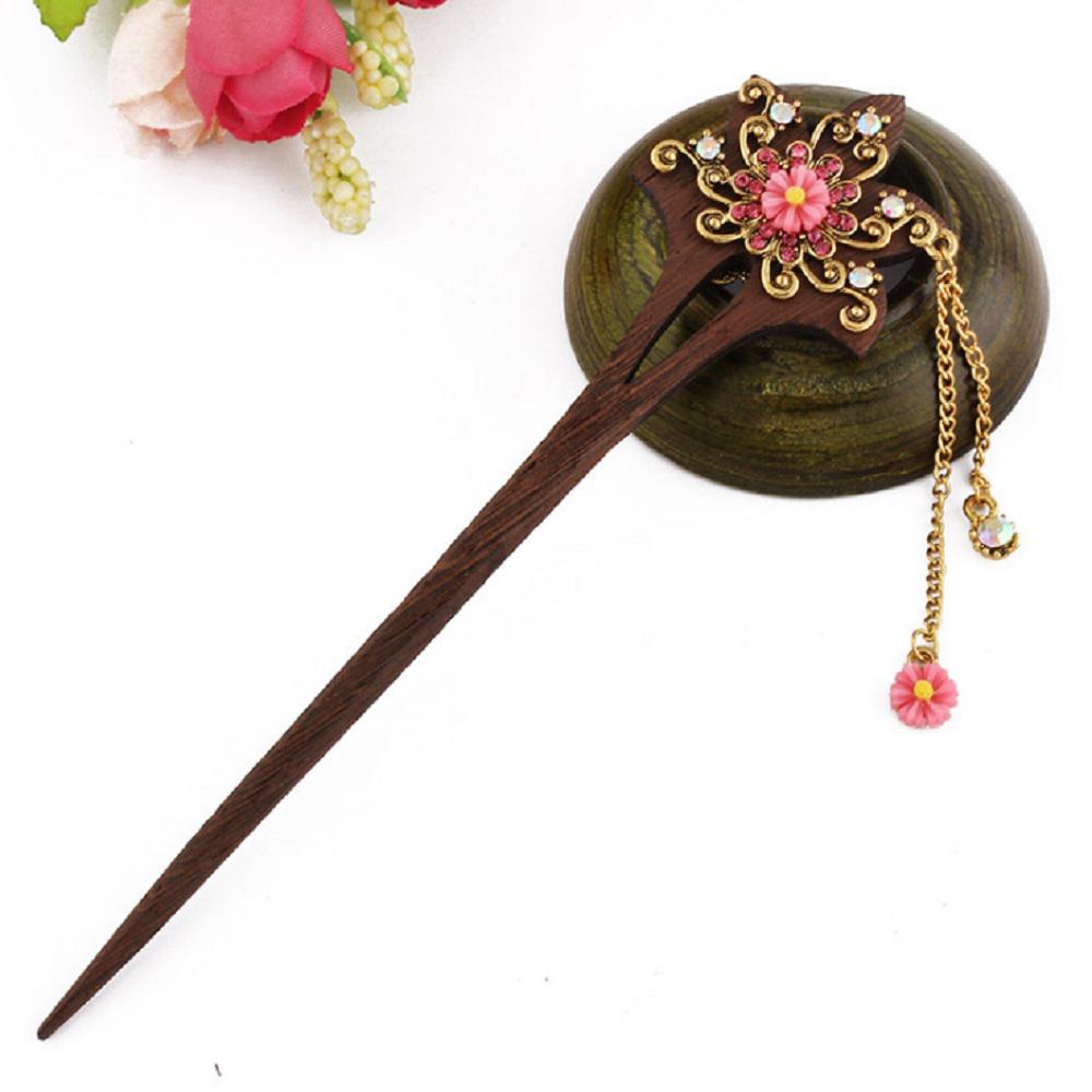 Buy Vintage Women Wooden Rhinestone Wood Hair Stick Pin Flower at ...