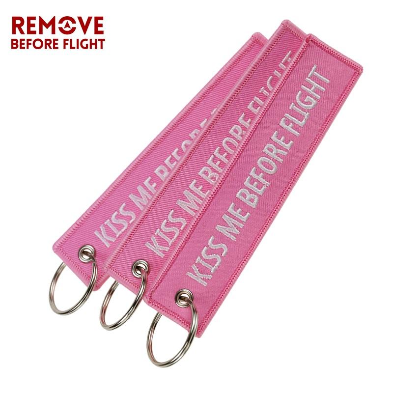 Buy Kiss Me Before Flight Key Chain Label Embroidery Key Ring Pink ...