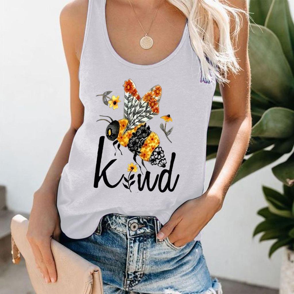 Buy Women Bee Animal Print Solid Color Round Neck Sleeveless Tank Top ...