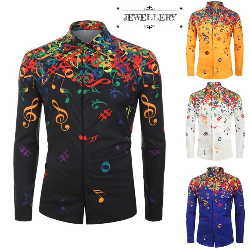 Men Casual Novelty Musical Note Pattern Casual Long Sleeves Shirt Top ...