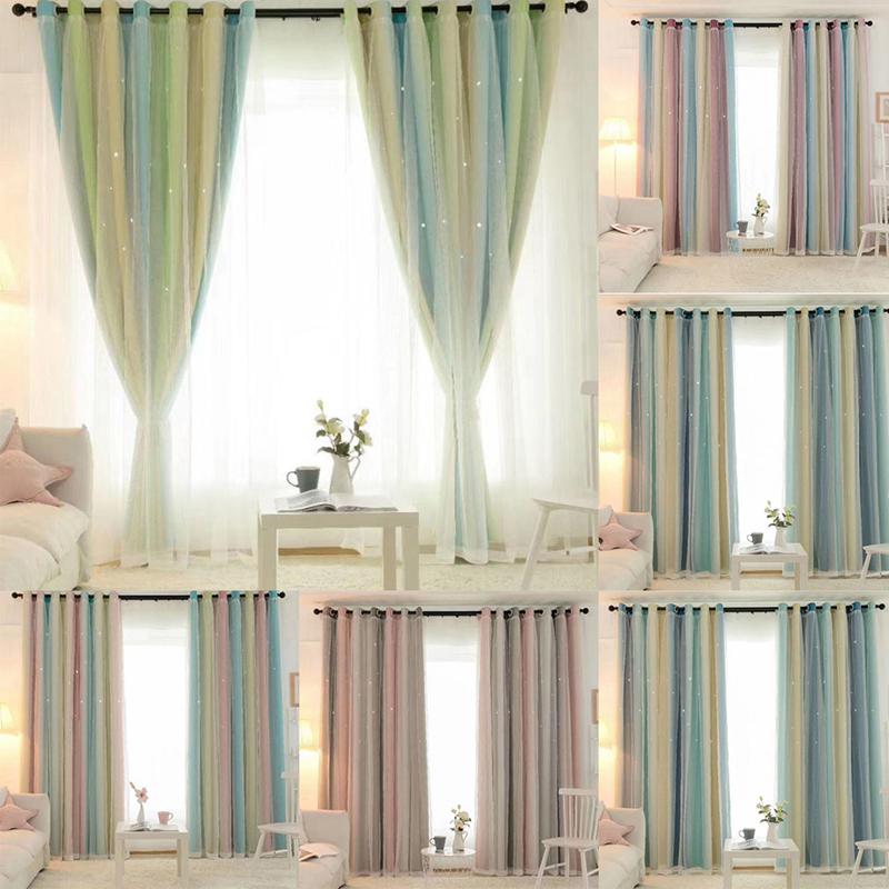Hollowed Out Stars Blackout Curtain Double-Layer Shading Window Drapes ...