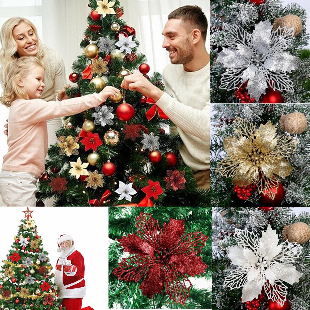 Buy 10 X Christmas Poinsettia Glitter Flower Tree Hanging Xmas Party ...