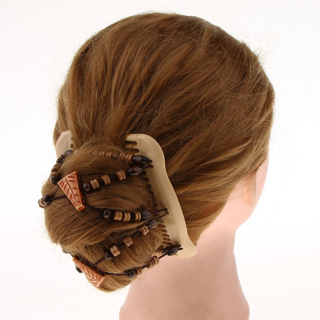 Women Vintage Double Hair Comb Stretchy Wood Magic Beads Clip Updo ...