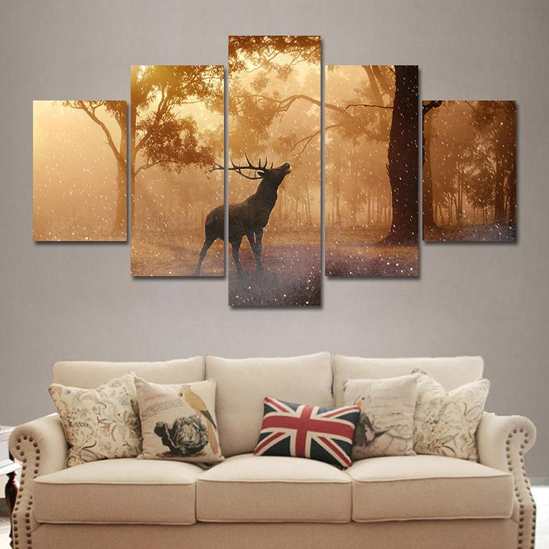 Cheap 5 Panel Modern Forest Deer Landscape Canvas Painting Modular ...