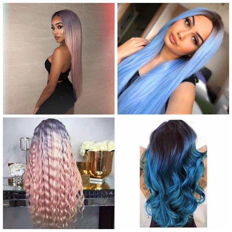 Women Fashion Human Hair Wigs Gradation Pink /Blue Synthetic Heat ...