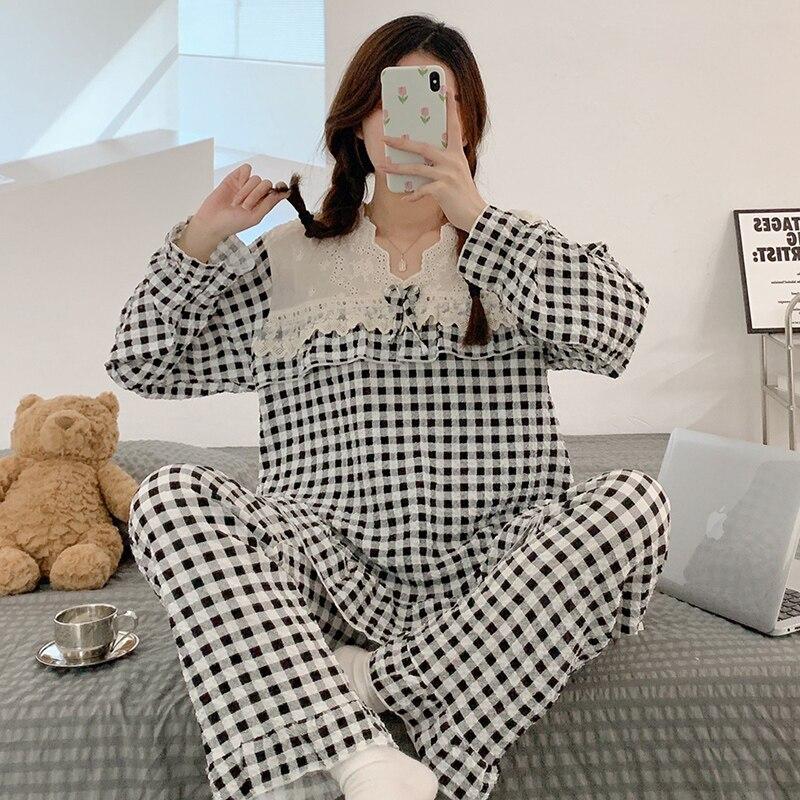 Satın alın Long Sleeve Pajama Sets Thin Section Lace Grid Printed Women ...
