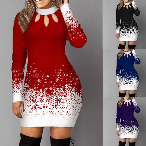 Women Fashion Christmas Slim Fit Dress Snowflake Print Keyhole Front ...