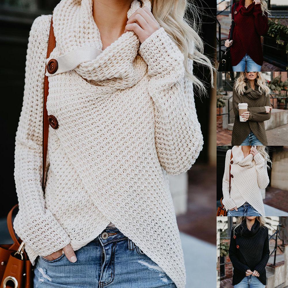 Buy Women Casual Loose Knit Irregular Sweater High Collar Pullover at ...