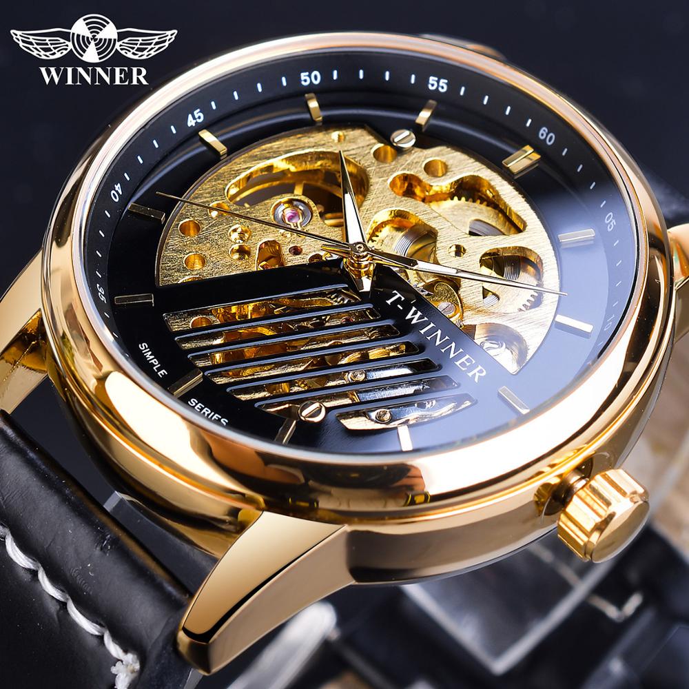 WINNER Men Stainless Steel Watch Leather Strap Casual Automatic Wrist ...