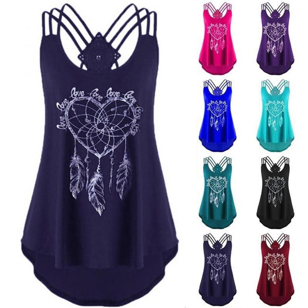 Summer Sexy Women Printed Loose Plus Size Backless Spaghetti Strap Tank ...