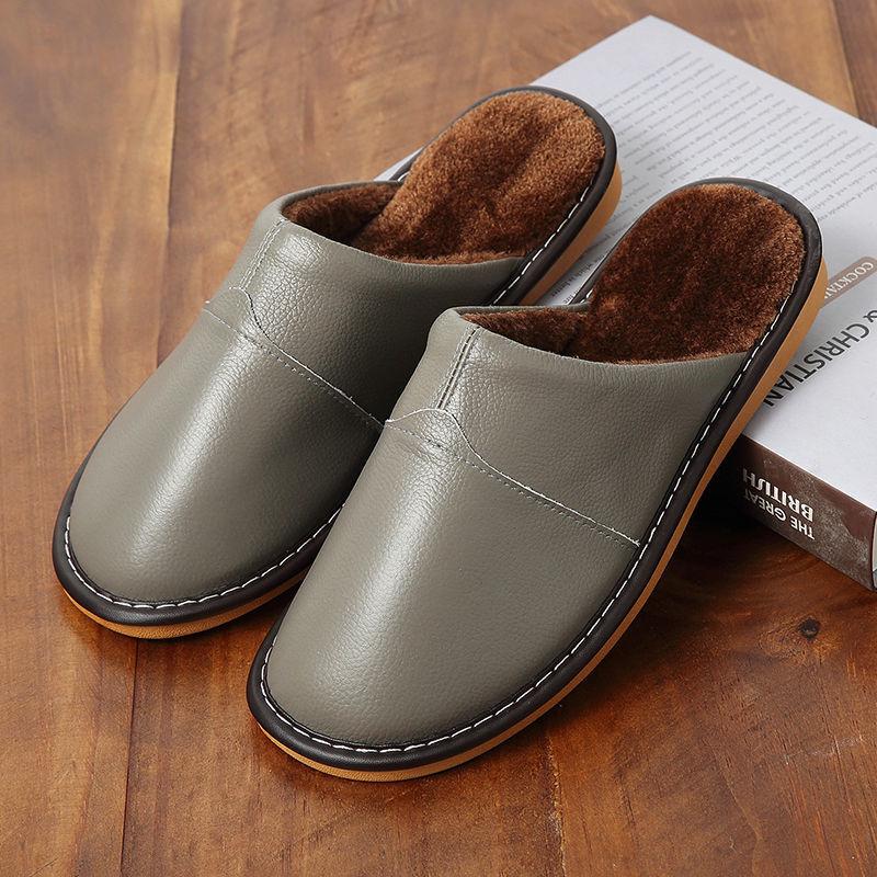 Buy Leather Slippers Men and Women Couples Indoor Antiskid Winter Home ...
