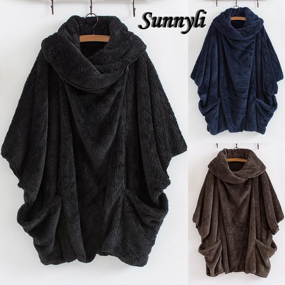 Buy Sunnyli Plus Size Women Casual Solid Turtleneck Big Pockets Cloak ...