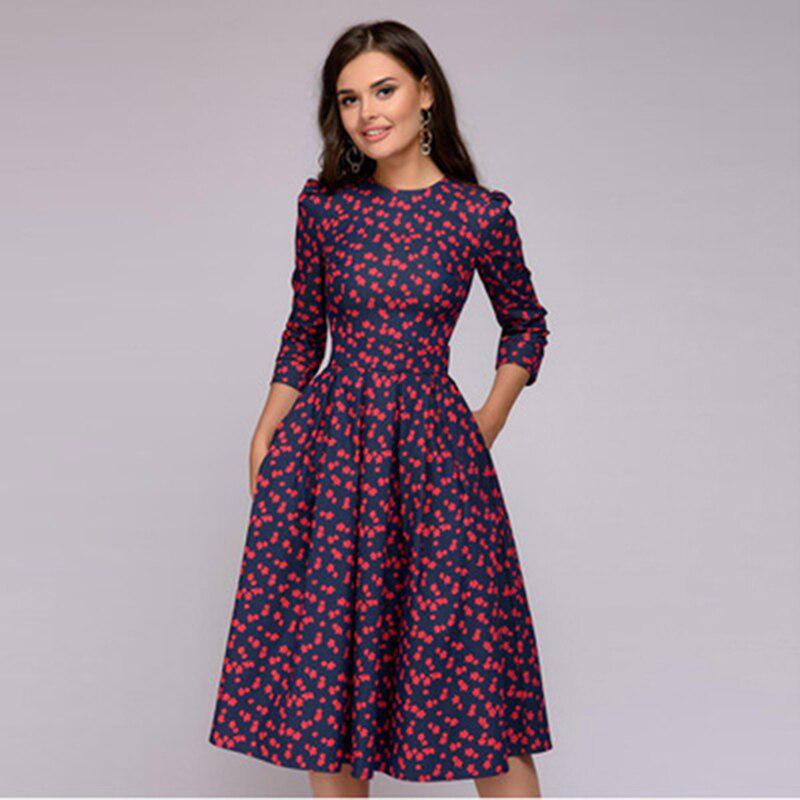 Buy Women Autumn Winter A-line Dress Party Retro Floral Three Quarters ...