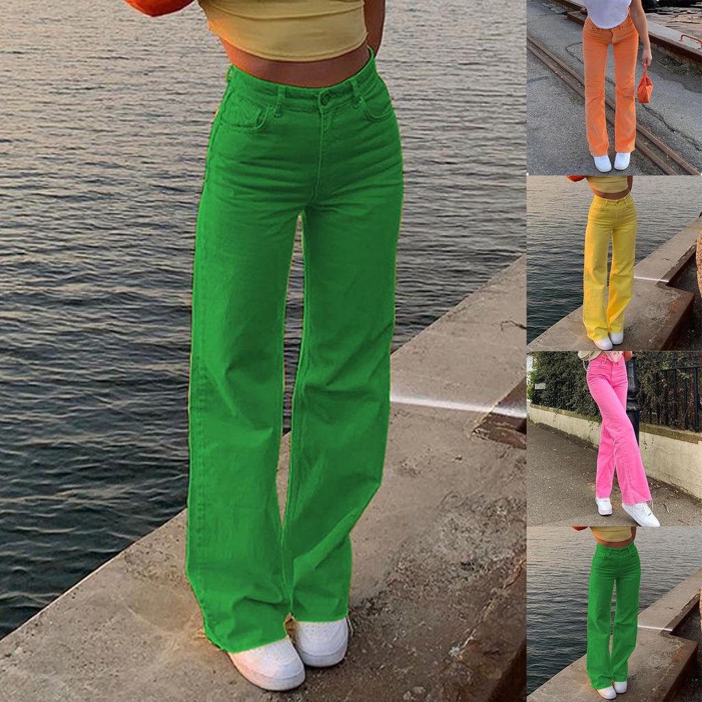 Buy Women's Solid Color High Waist Casual Straight-leg Pocket Jeans ...