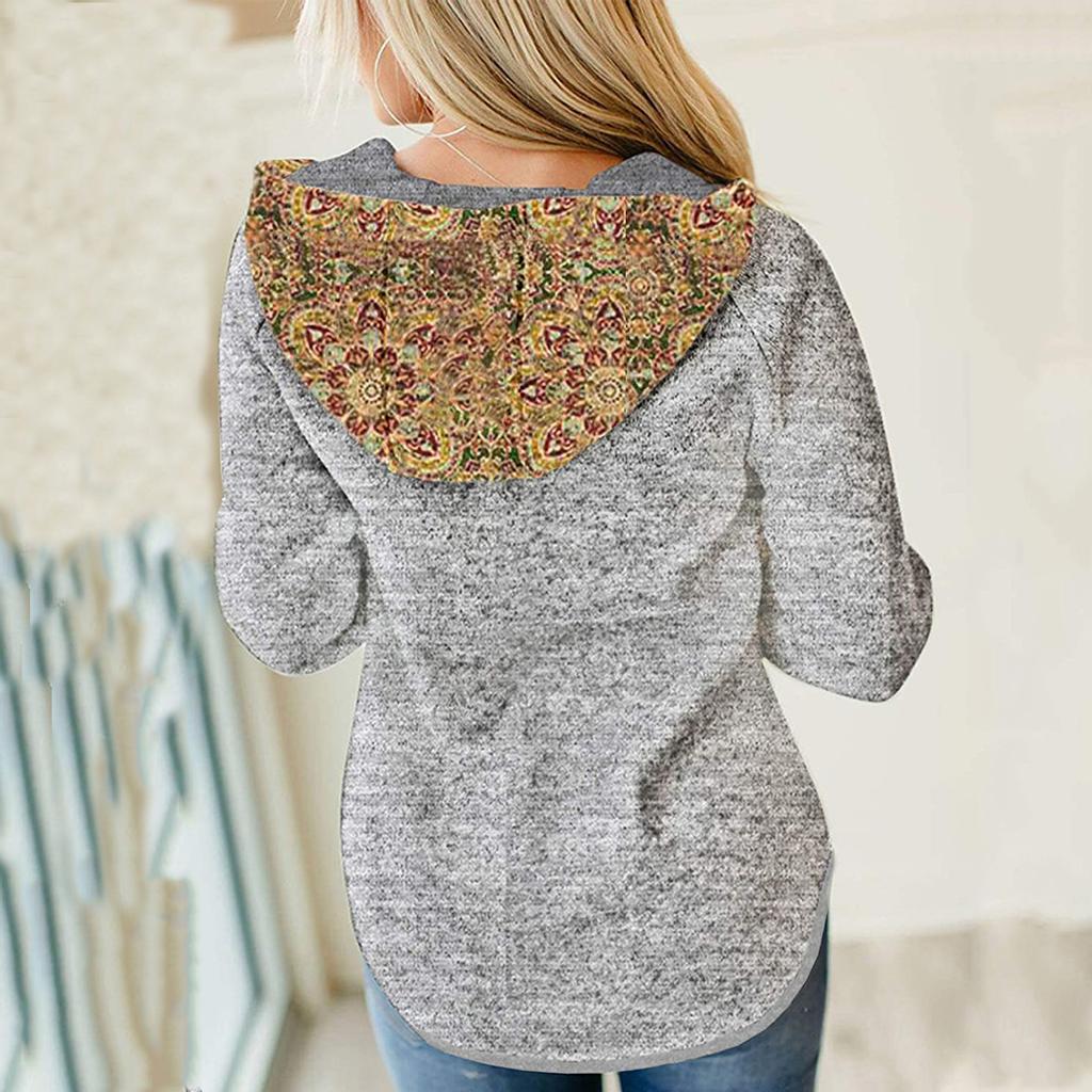 Cheap Women's Retro Print Spliced Longsleeved Hooded Hood Blouse | Joom