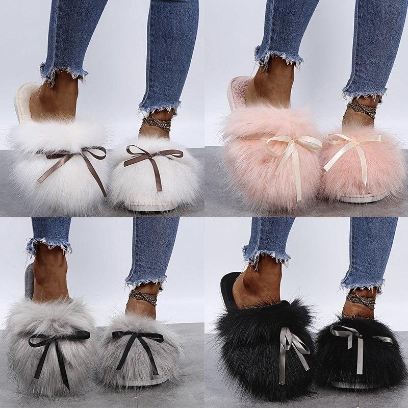 Women Fox Fur Slippers Real Fur Slides Female Indoor Flip Flops Casual ...