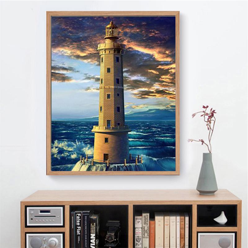 Buy 5D DIY Seaside Lighthouse Full Round Dill Diamond Painting Cross ...