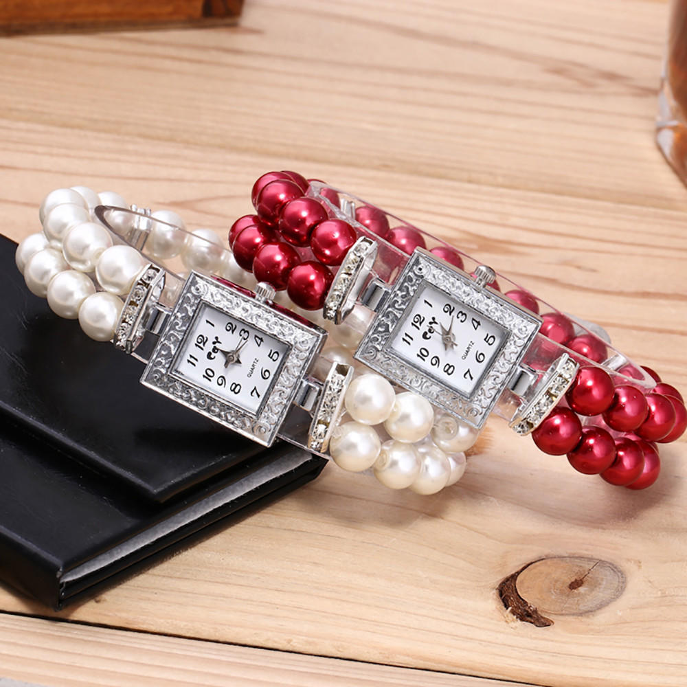 Buy Fashion Women Casual Pearl String Watch Strap Quartz Wrist Square ...