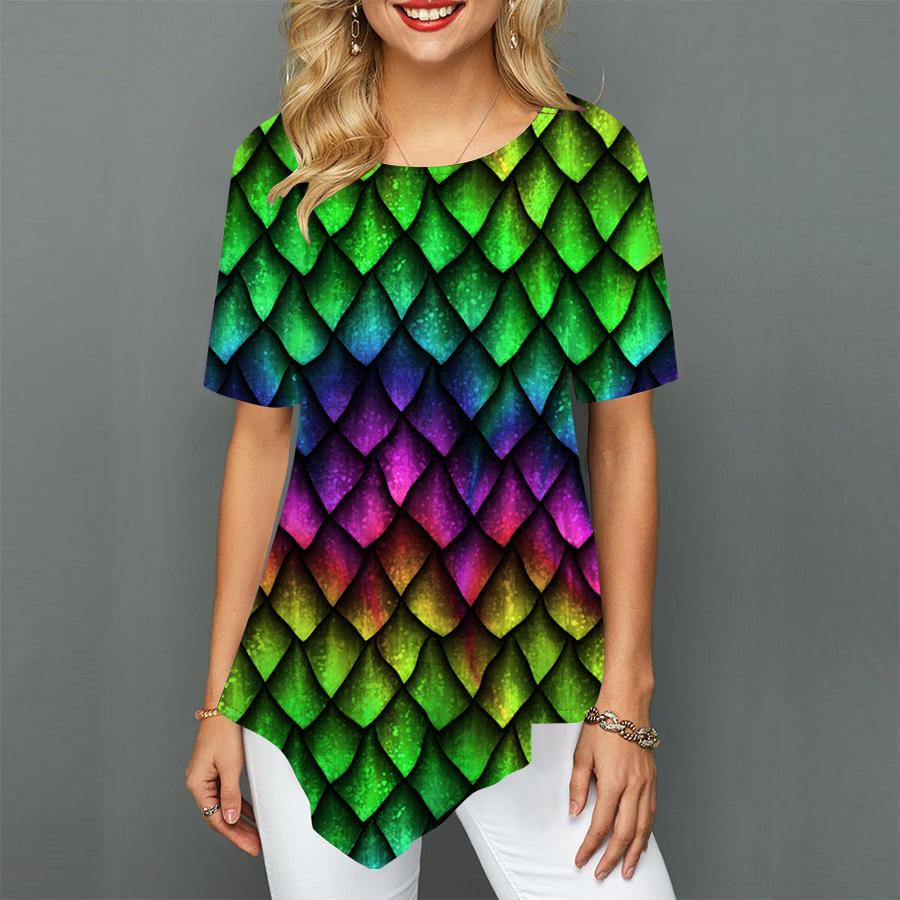 Cheap Women Plus Size Ladies Tee Shirts Colorful Fish Scales Print ...