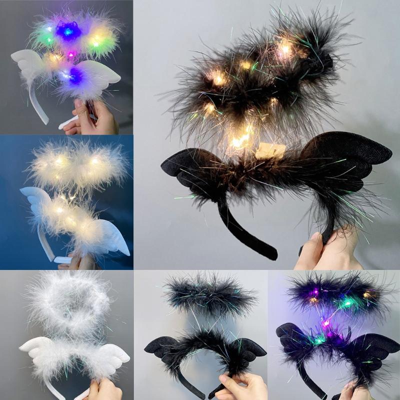 Buy Adult Kids LED Plush Feather Angel Wing Headband Light Up Halo ...