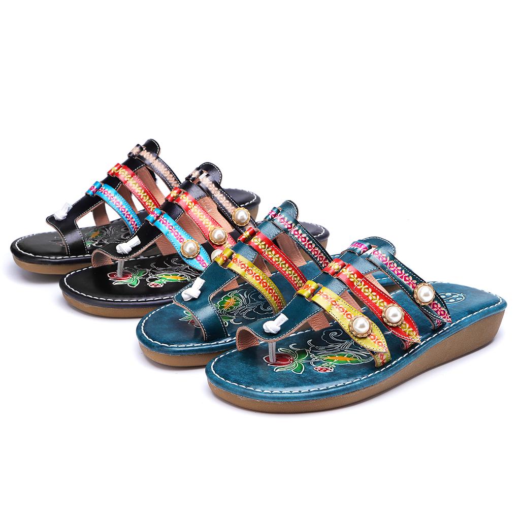 SOCOFY Retro Rainforest Handmade Leather Adjustable Hook Loop Sandals ...