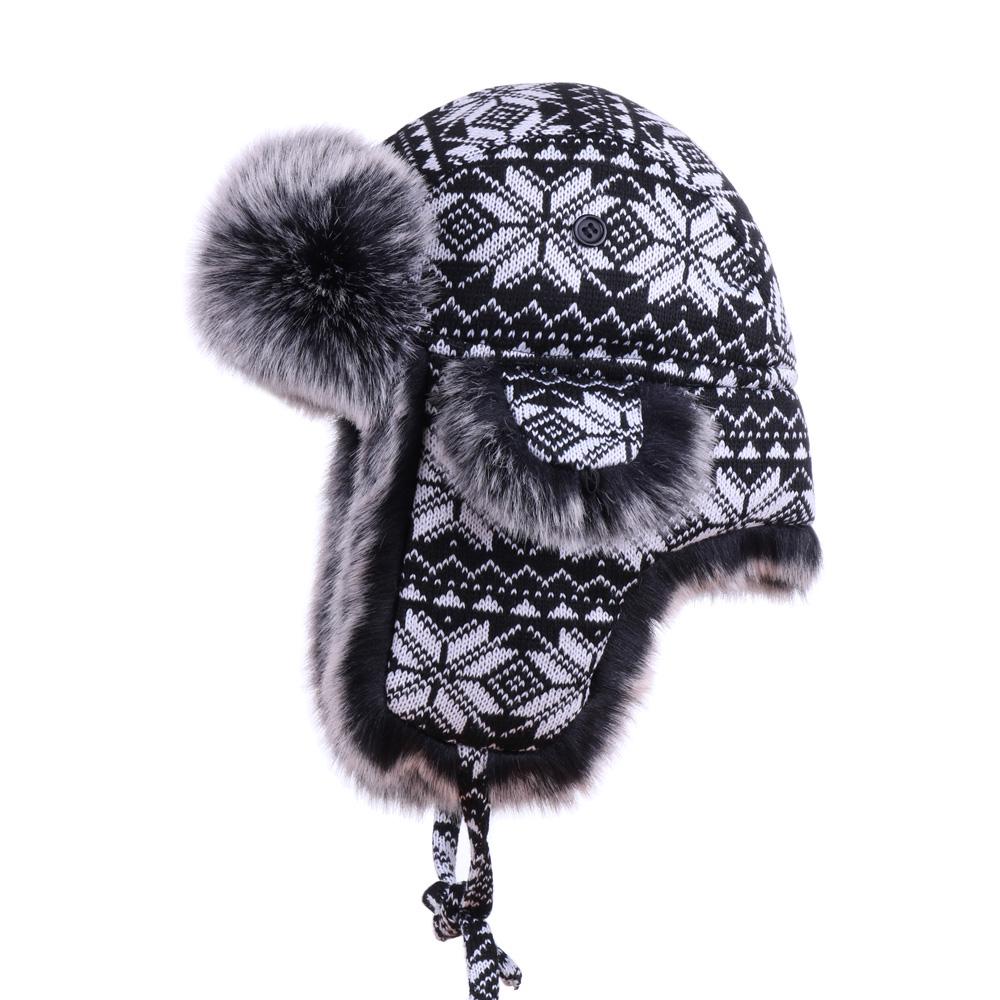 Russian Ushanka Hat Men Winter Wool Knitted Snow Ski Cap Faux Fur Ear ...