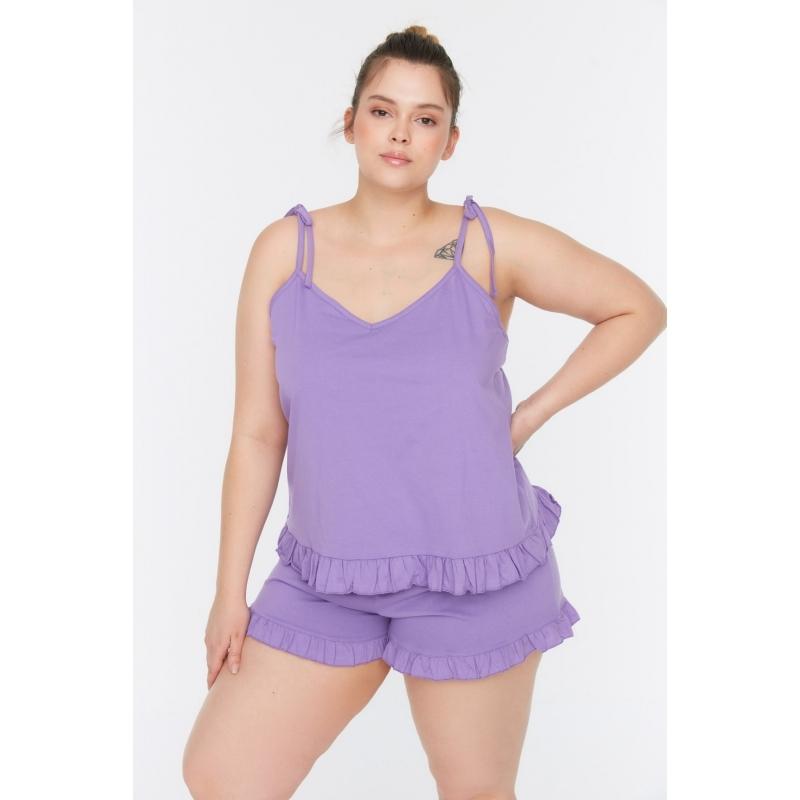Buy Plus Size Lilac Ruffle Detailed Strap Cotton Elastic Waist Knitted ...