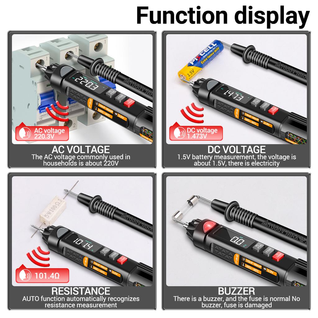 Aneng A3009 Mini Pen Multimeter with Voice Broadcast 6000 Counts Voltmeter VA Reverse LCD ...