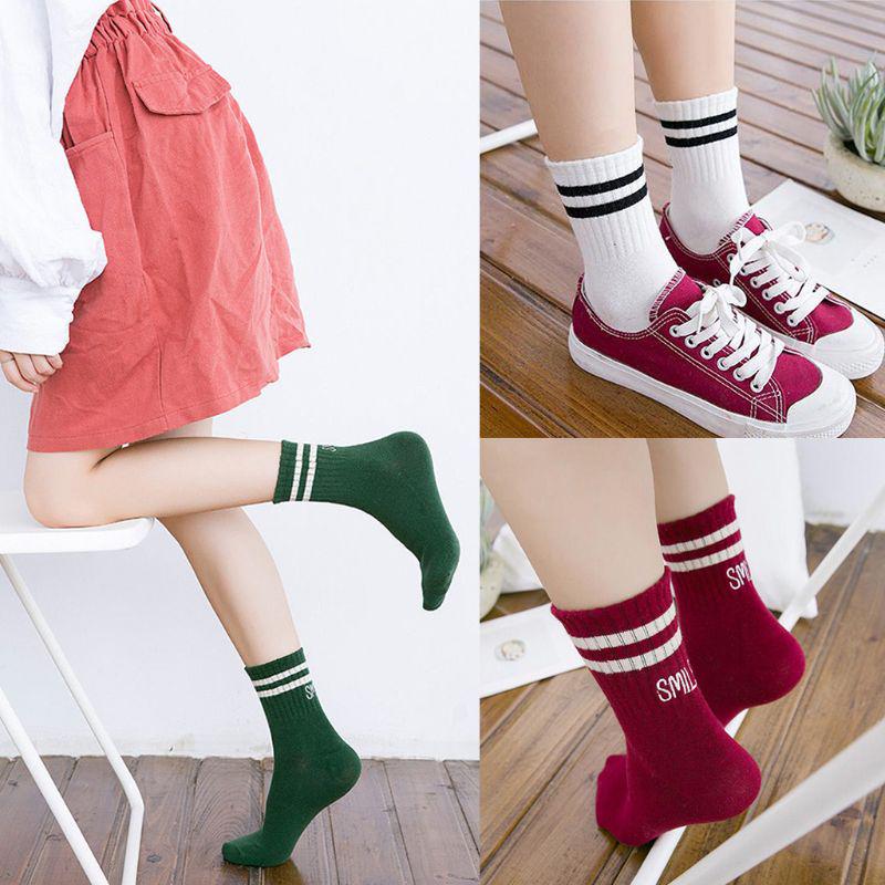 Preppy Style Women Girl Long Crew Socks Double Stripes Smile Letters ...