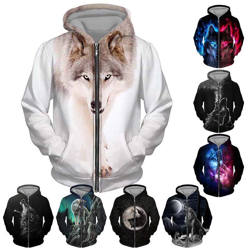 Buy Men's 3D Wolf Print Casual Jacket Full Zip Hoodie Hooded ...