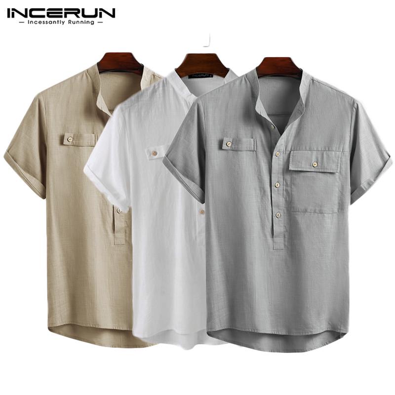 INCERUN Summer Mens Short Sleeve Shirts Vintage Button Lapel Neck ...