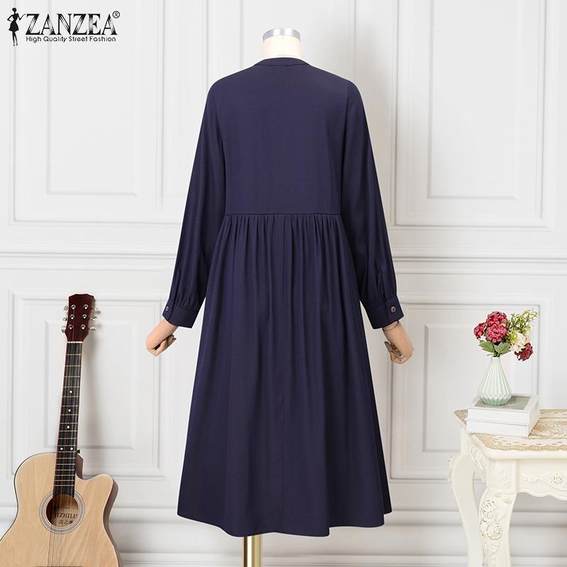 Cheap ZANZEA Women's Round Neck Long Sleeve Half Placket Button Solid ...