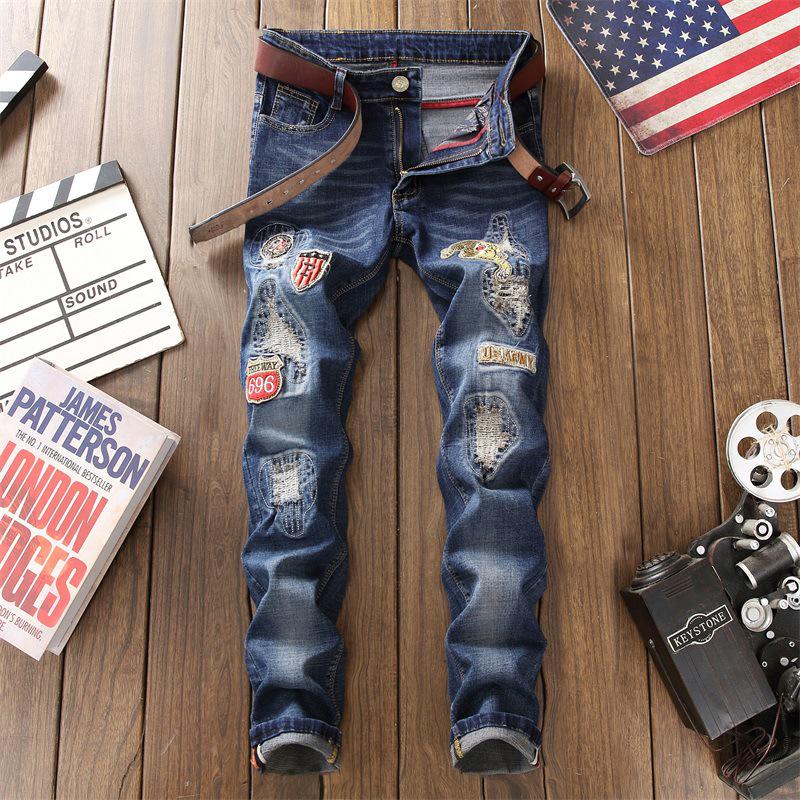 Buy Embroidered Men's Jeans Europe and America Embroidered Slim ...