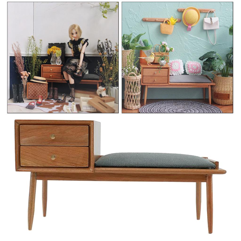Buy 1/6 Dolls House Miniature Bench Footstool Model Cherry Wood Ottoman ...