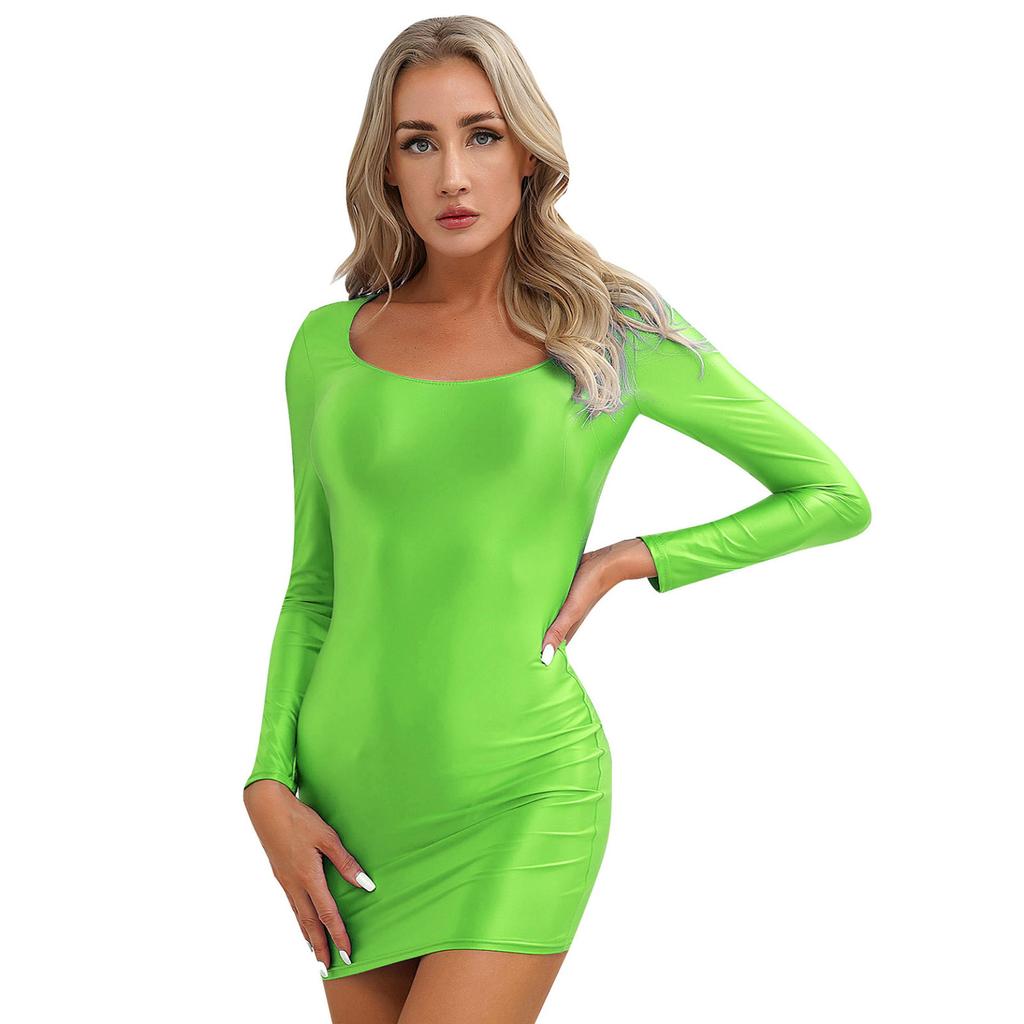 Buy Womens Ice Silk Mini Dress Bandage Oil Glossy Dress Sexy Tight ...
