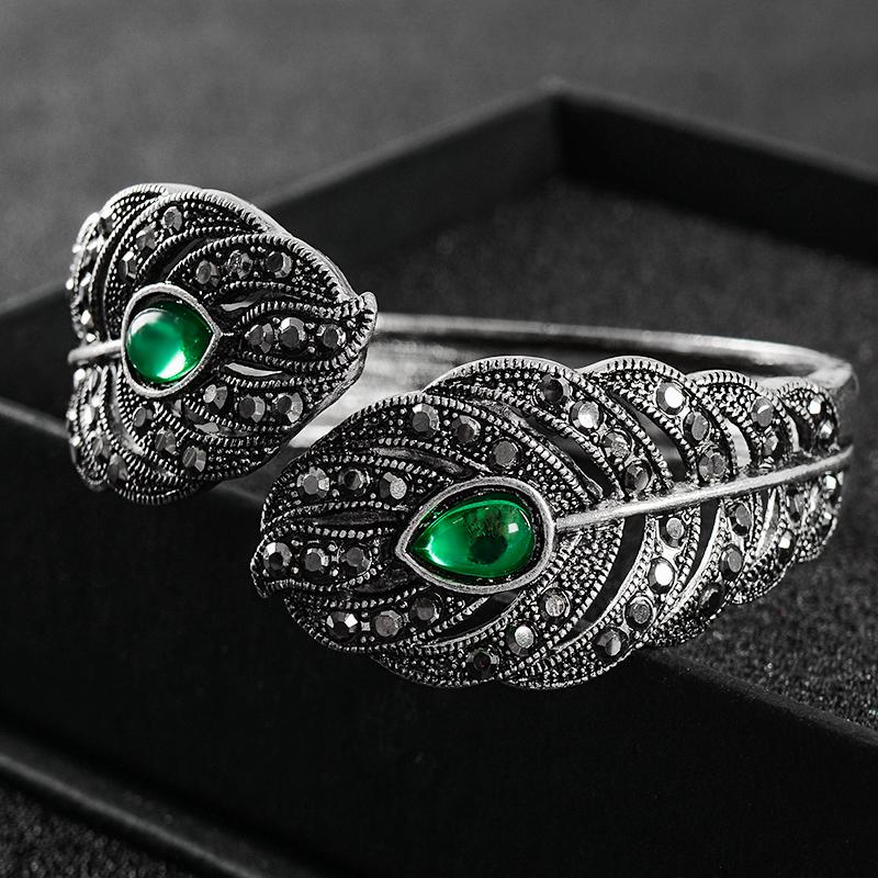Vintage Jewelry Silver Color Feather Green Stone Punk Rock Rings For ...