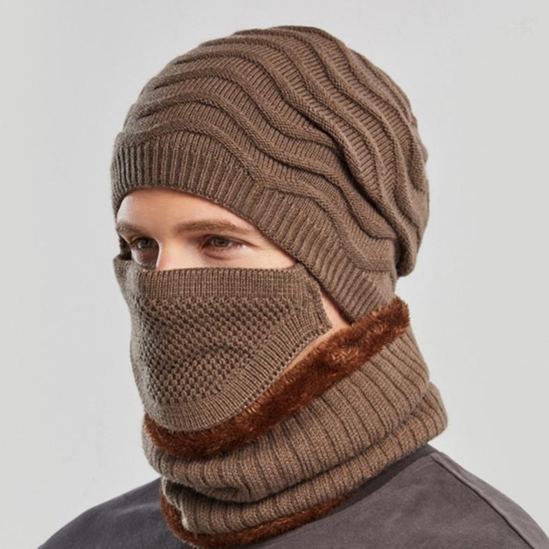 Men Winter Cycling Windproof Knitted Woolen Hat Mask and Scarf Warm ...